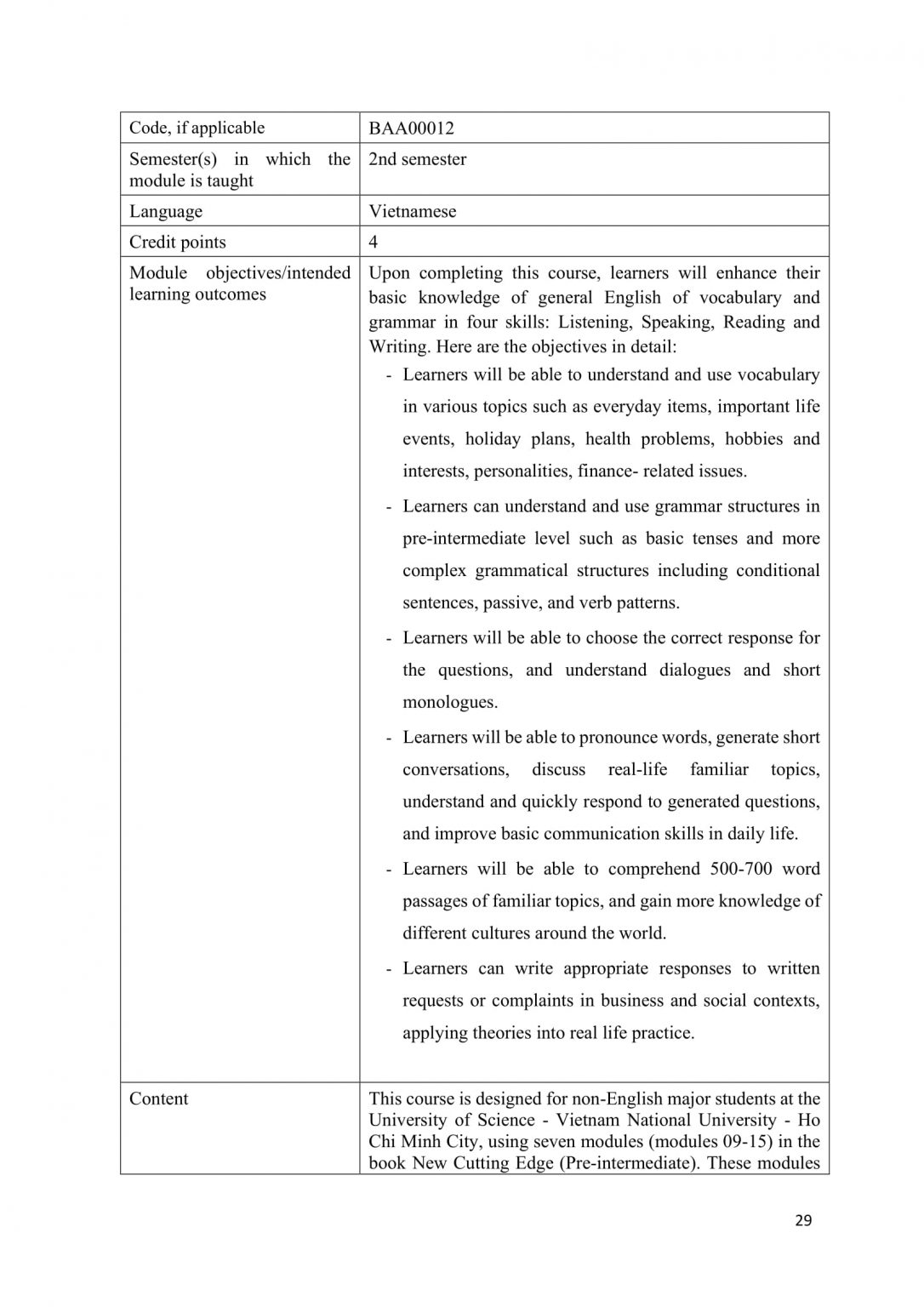 MODULE HANDBOOK - SỔ TAY MÔN HỌC - Khoa Điện tử Viễn thông - Trường Đại ...