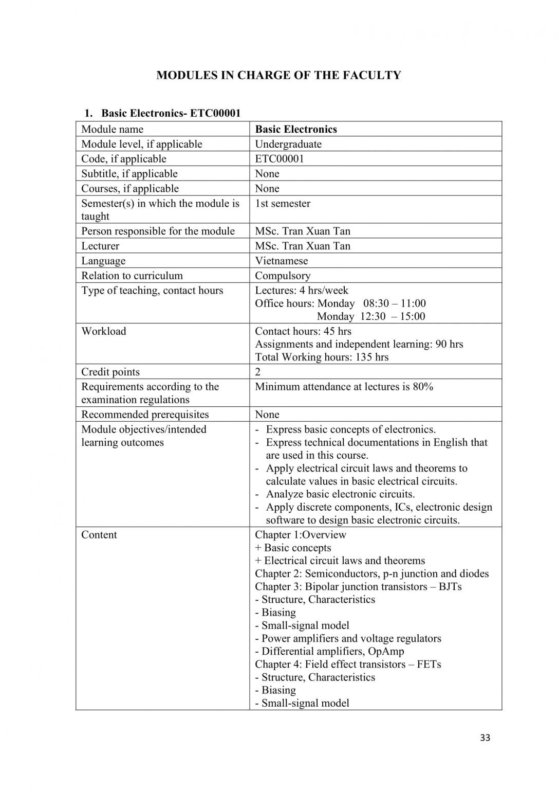 MODULE HANDBOOK - SỔ TAY MÔN HỌC - Khoa Điện tử Viễn thông - Trường Đại ...